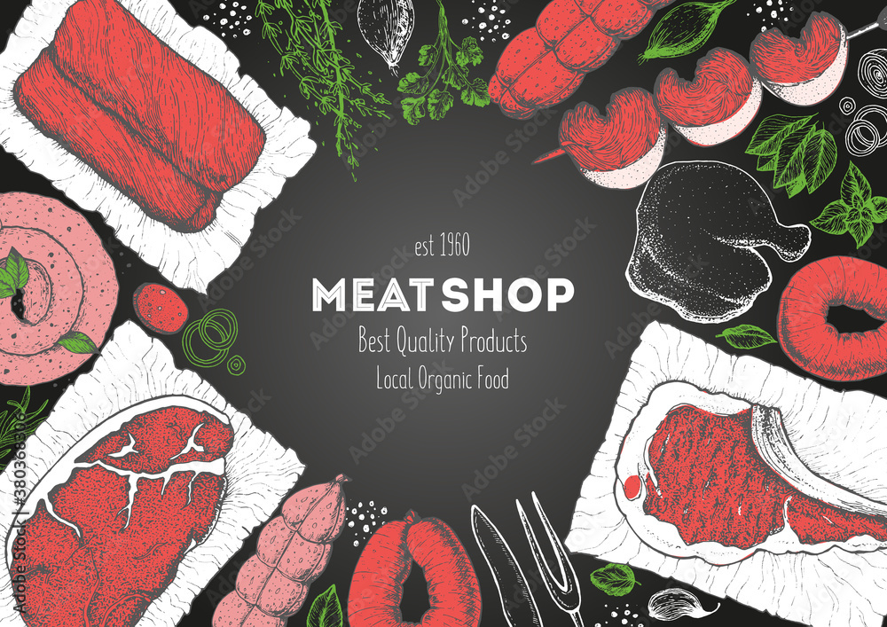 Meats and sausages top view frame. Vector illustration. Engraved design ...