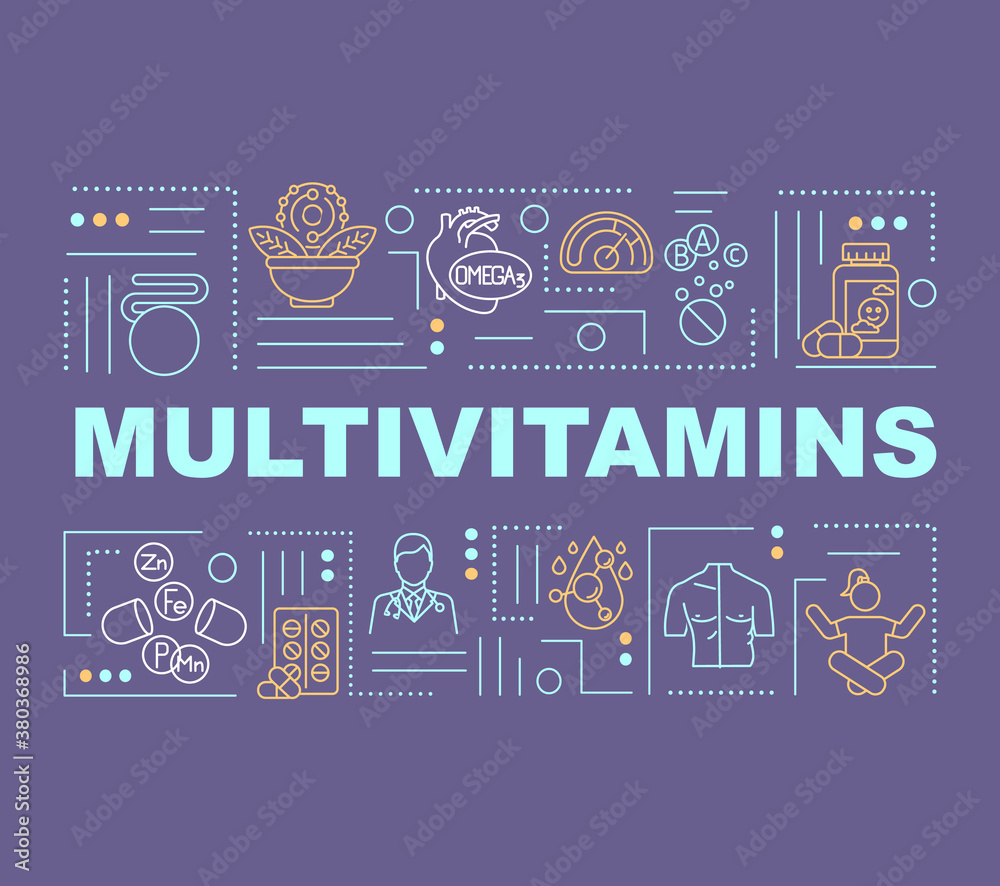 Multivitamins word concepts banner. Vitamins for better health. Proper ...