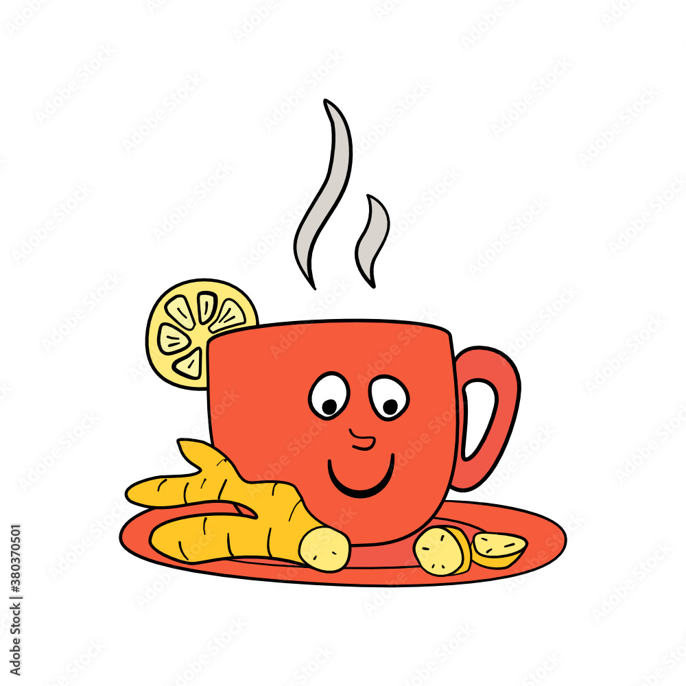 Ginger lemon tea with ginger root. Hand drawn doodle illustration of ...