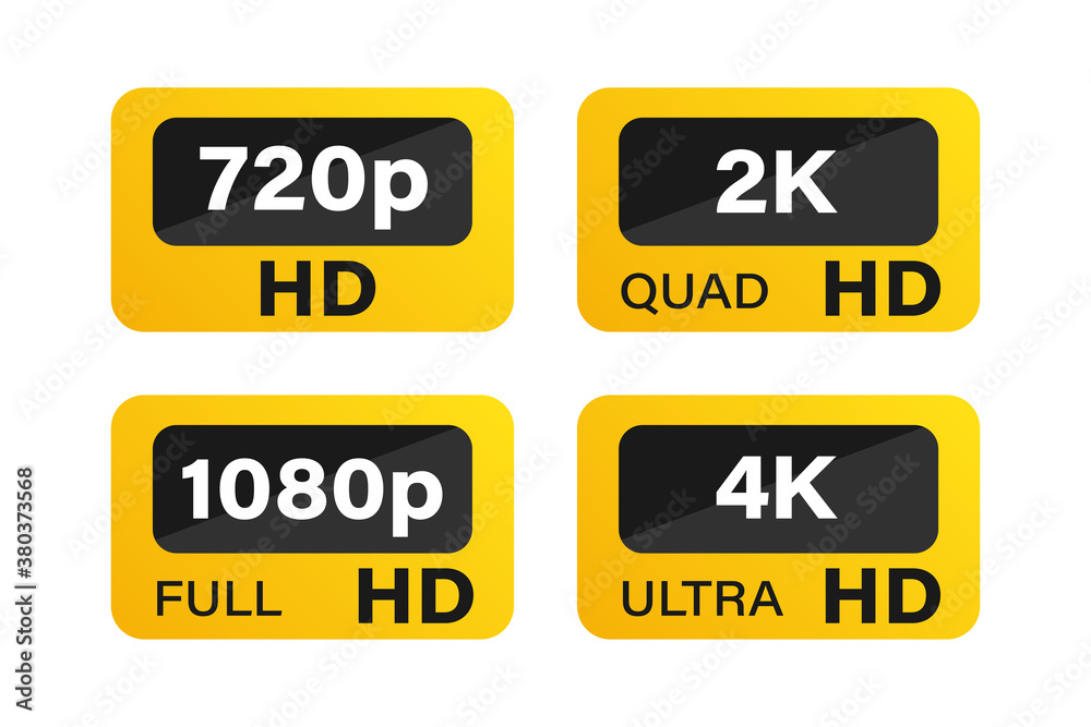 Video dimension labels. Video resolution 720, 1080, 2k, 4k, badges ...