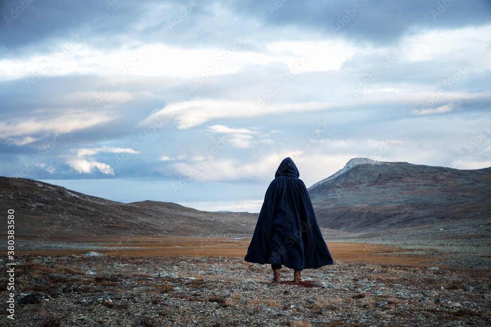Back view silhouette of traveler man standing on the mountain. A ...