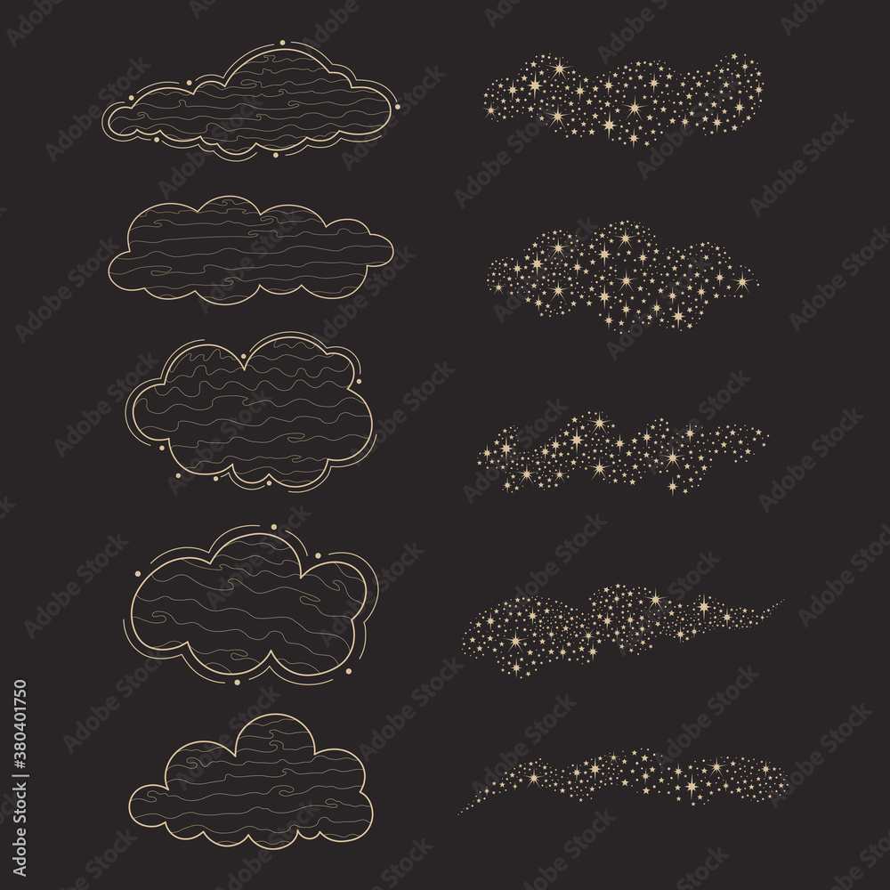Set with clouds and star dust isolated on black background. Vintage ...