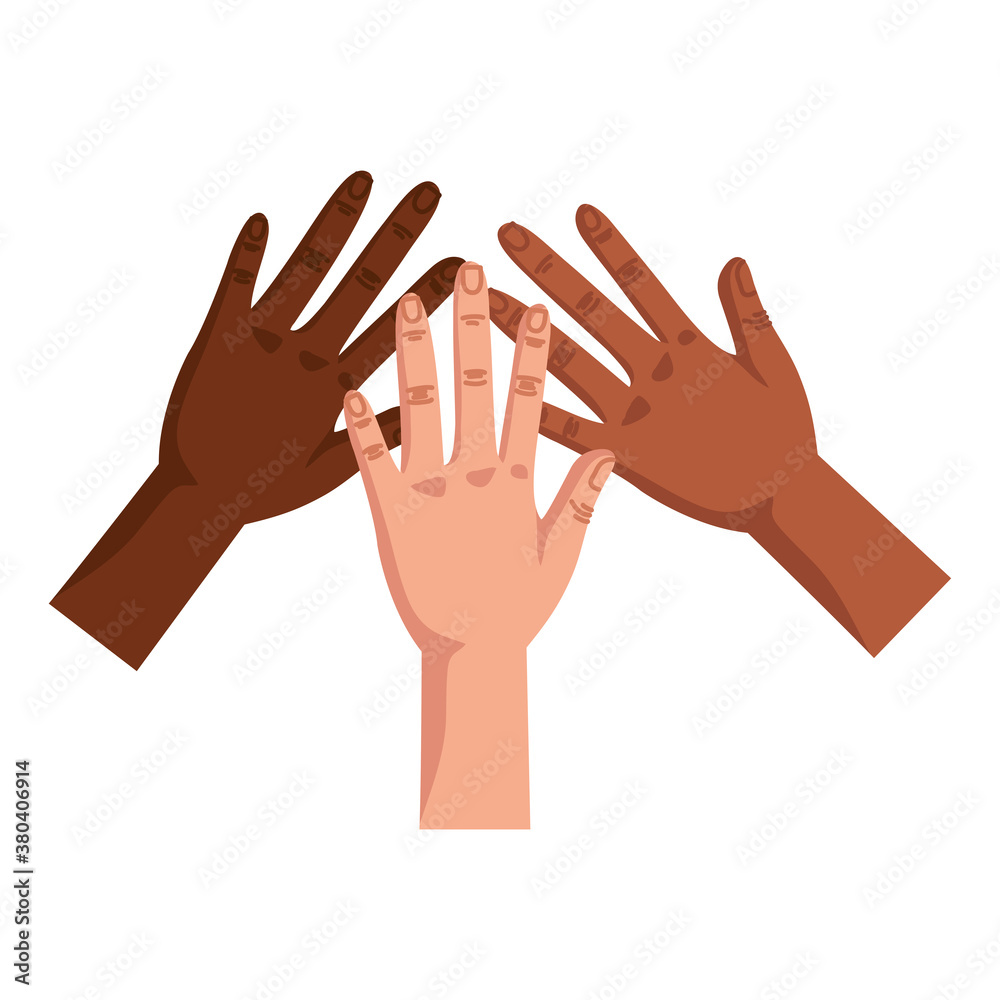 diversity of hands up design, people multiethnic race and multicultural ...