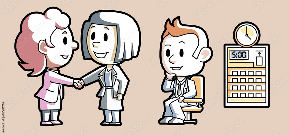 Set of cartoon business people and office workers with time card punch ...