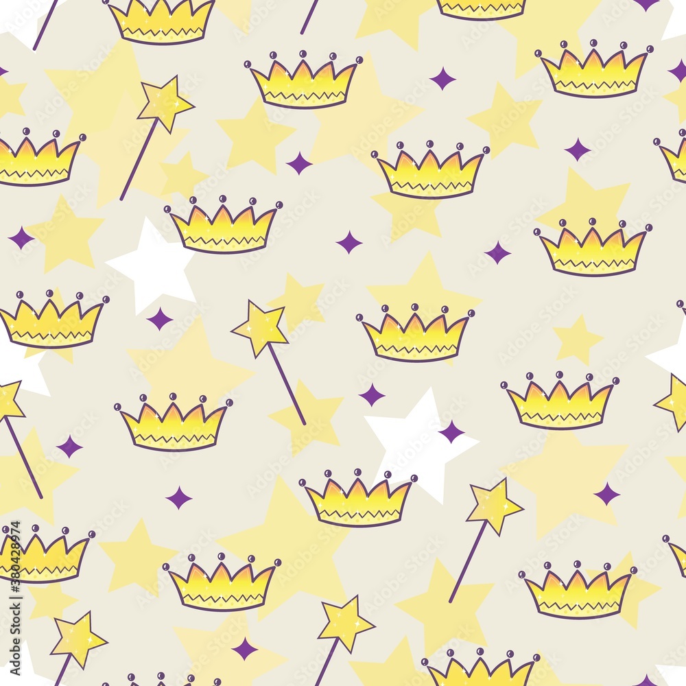 Princess background. Seamless pattern with a gold crown, stars and the ...