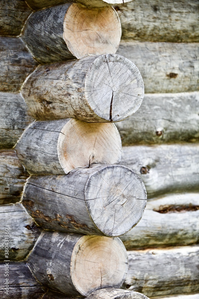 The Frame of the wooden log house close up. Log cabin walls made from ...