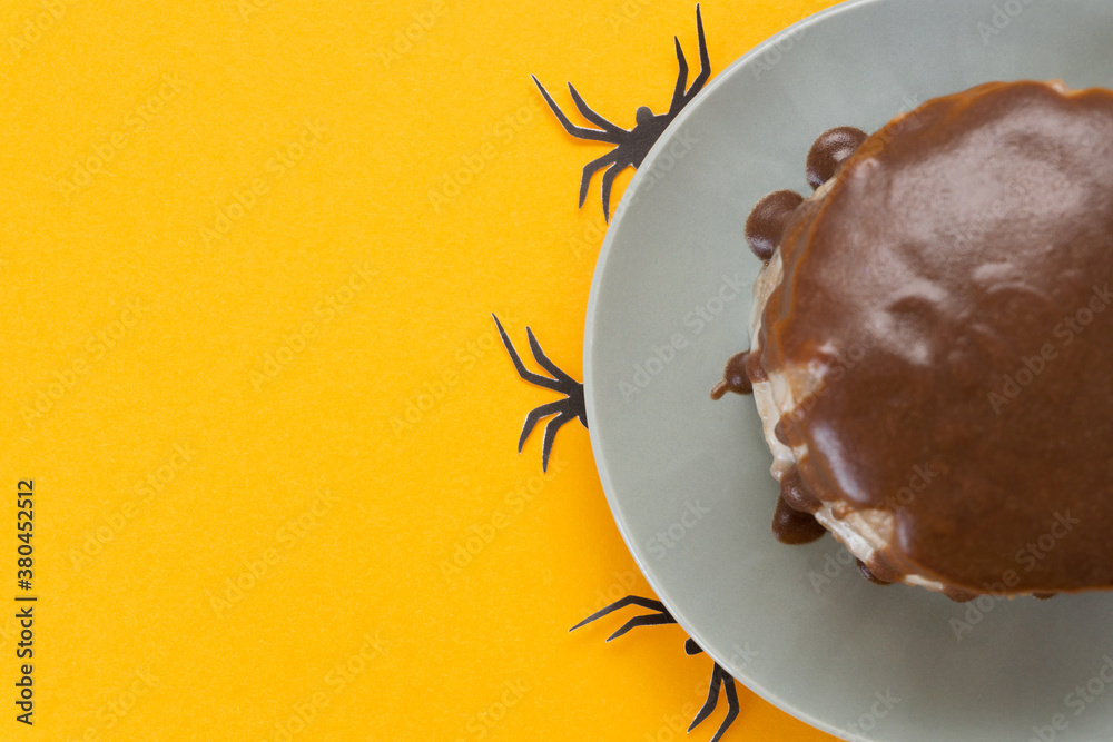 Halloween concept, trick or treat. Spiders from paper crawl out from ...