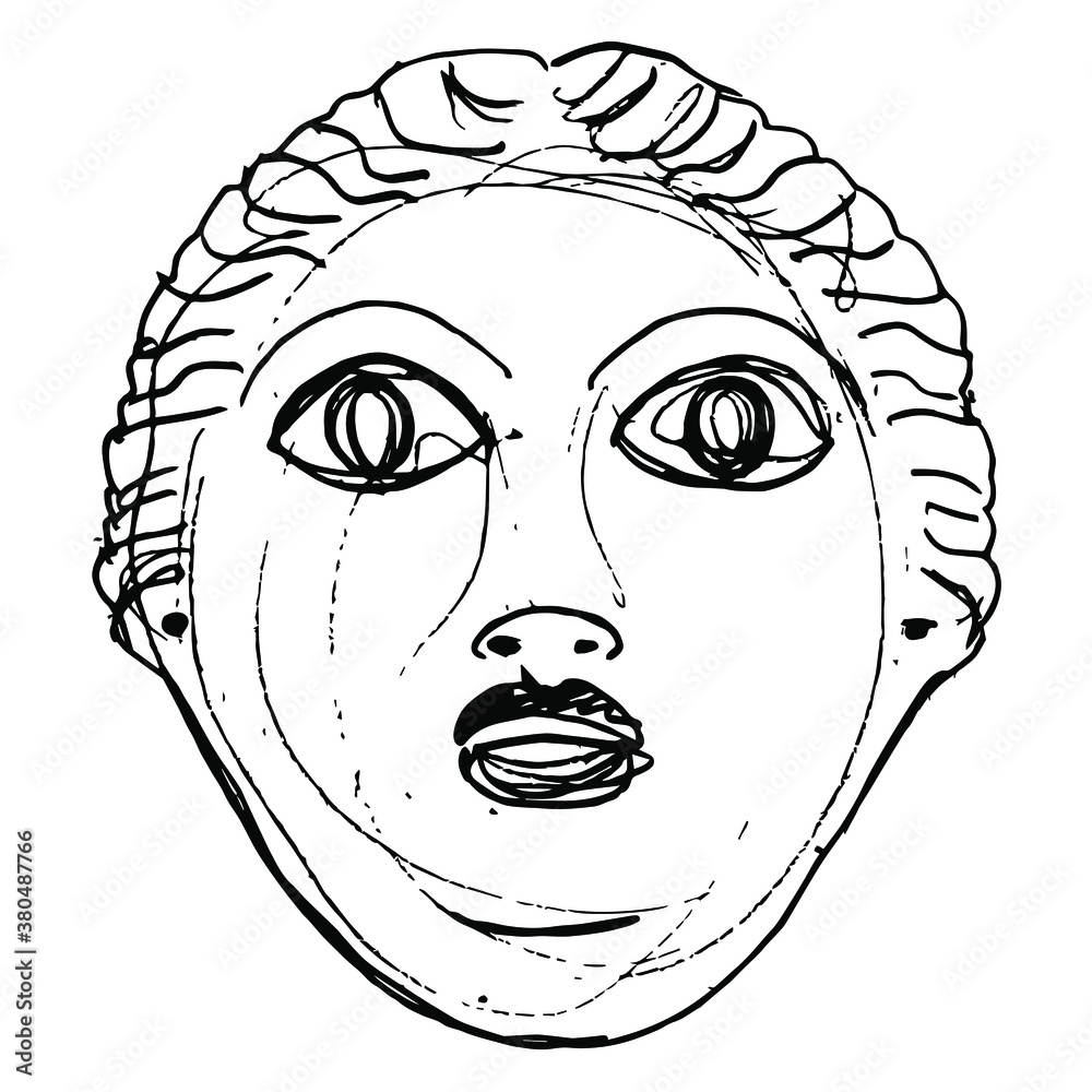 Ancient Greek female mask. Face of a woman or goddess. Hand drawn ...