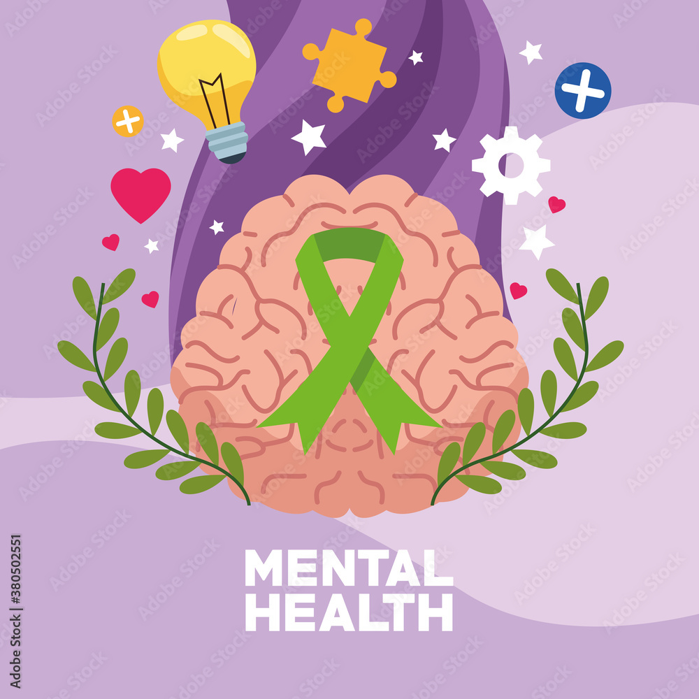 mental health day human brain with ribbon campaign and set items Stock ...