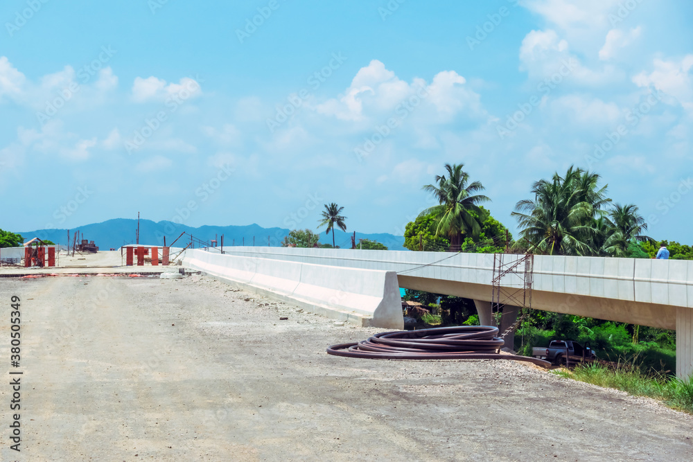 Unfinished of construction of the large concrete bridge of the motorway ...
