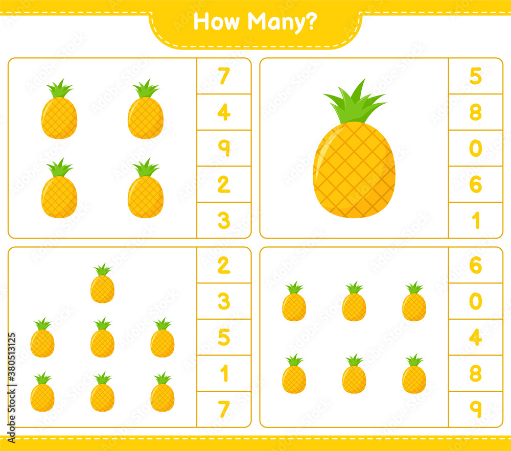 Counting game, how many Pineapple. Educational children game, printable ...