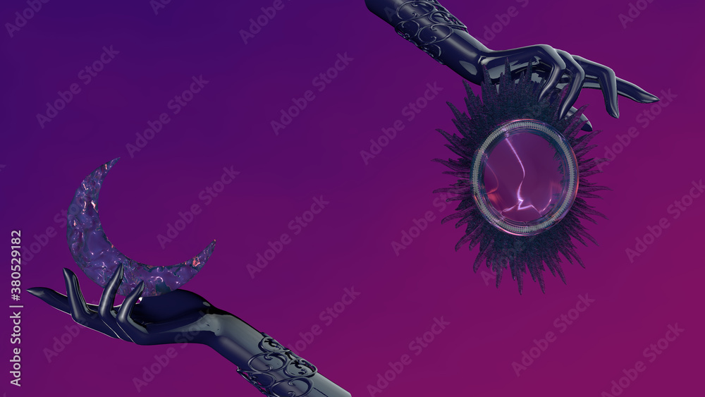 Day and night, the sun and the moon in women's hands. 3D rendering ...