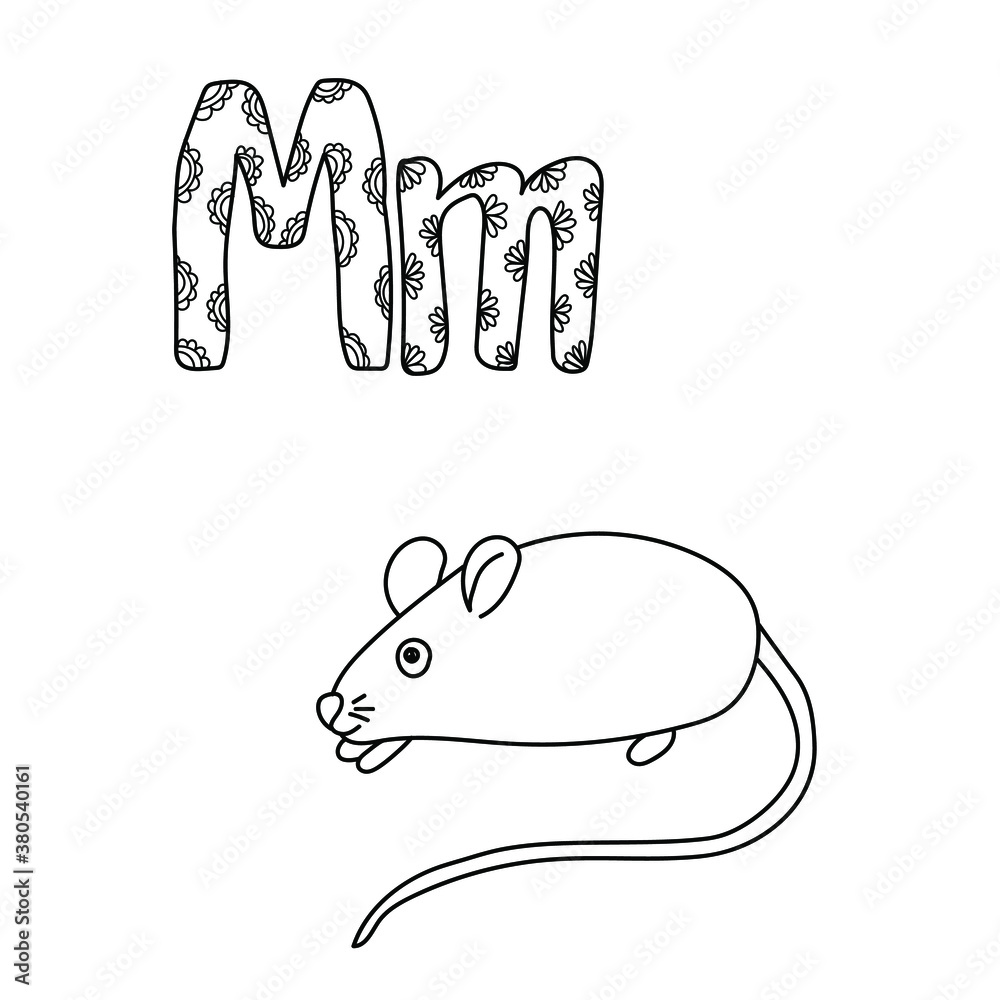 Coloring page for study letter M, outline illustration of mouse and ...