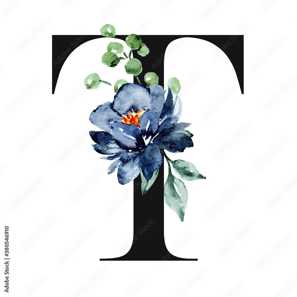 Letter nt, flower alphabet, monogram with watercolor flower and leaf ...