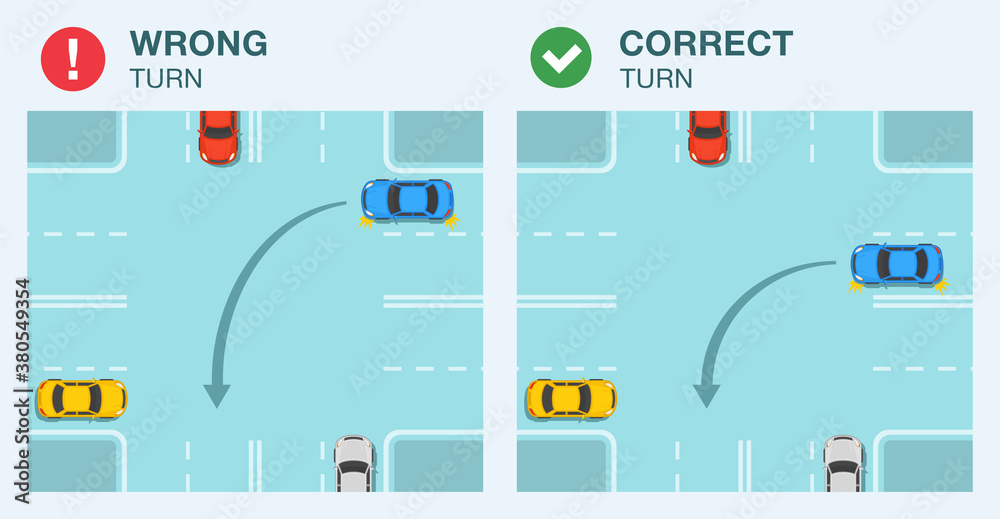 Correct and incorrect vehicle turning at crossroad. Blue sedan car is ...