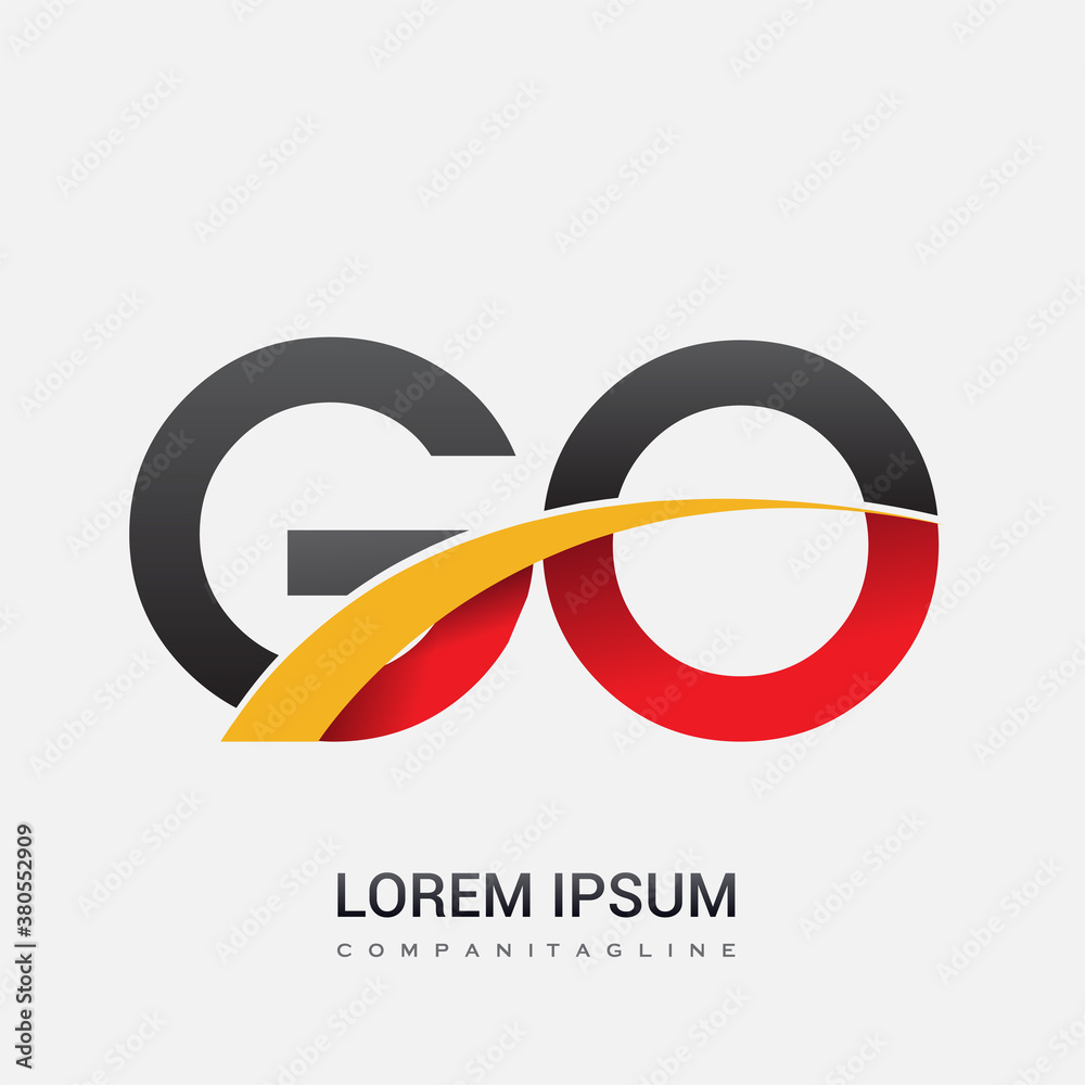 initial letter GO logotype company name colored red, black and yellow ...
