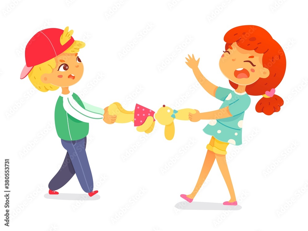 Bad kids arguing and pulling toy. Angry little boy and girl fighting ...