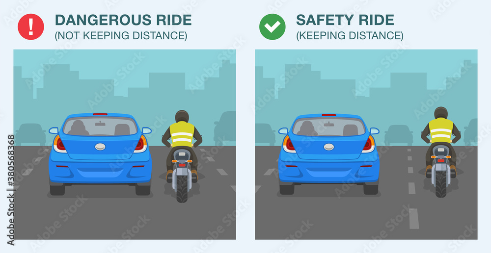 Modern blue sedan car and sport motorcycle on a city highway. Safety ...