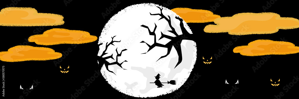halloween banner, full moon, devil tree and monster eyes in the night ...
