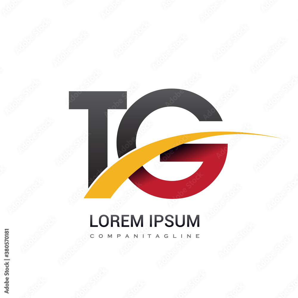 initial letter TG logotype company name colored red, black and yellow ...