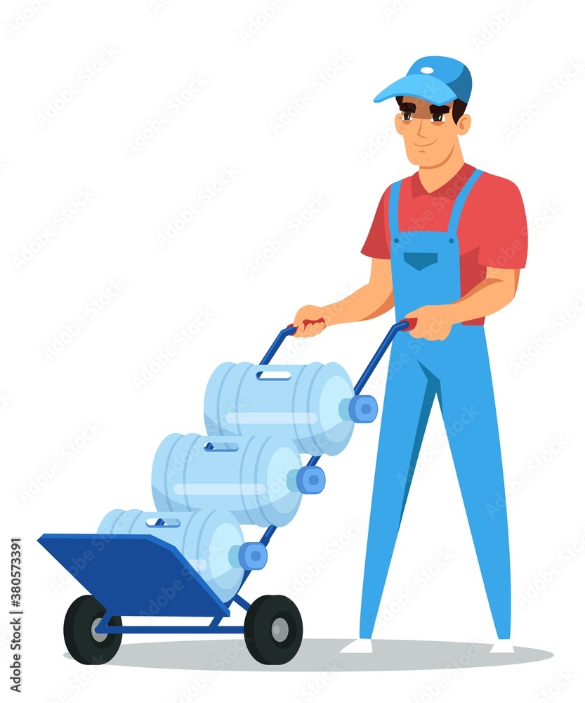 Courier delivering water flat vector illustration. Purified potable ...