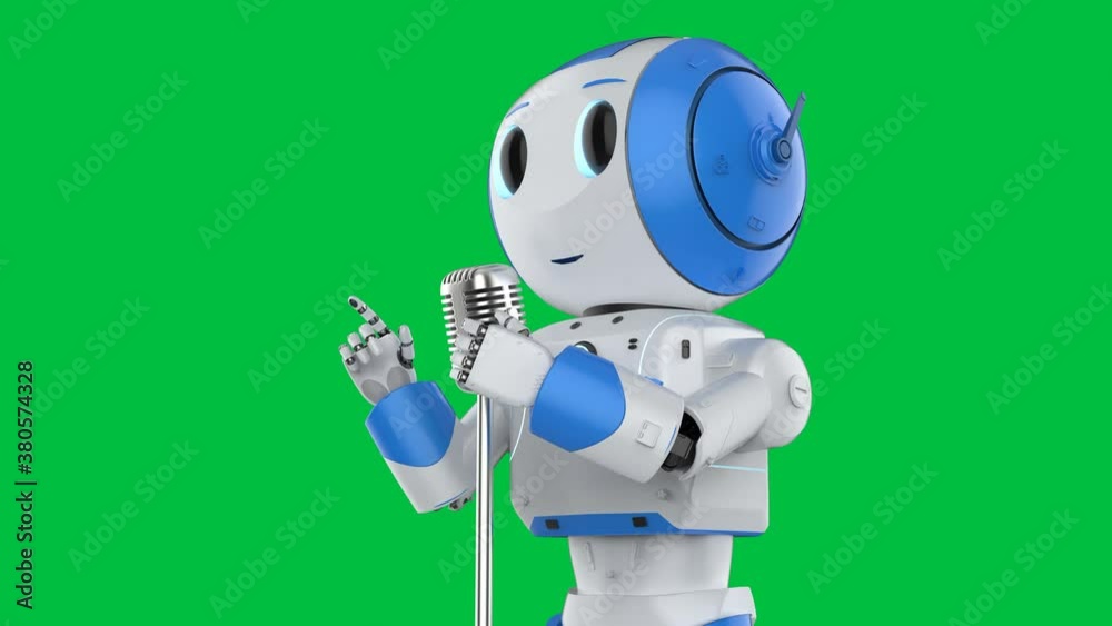 3d rendering robotic public speaker speaking with microphone on green ...