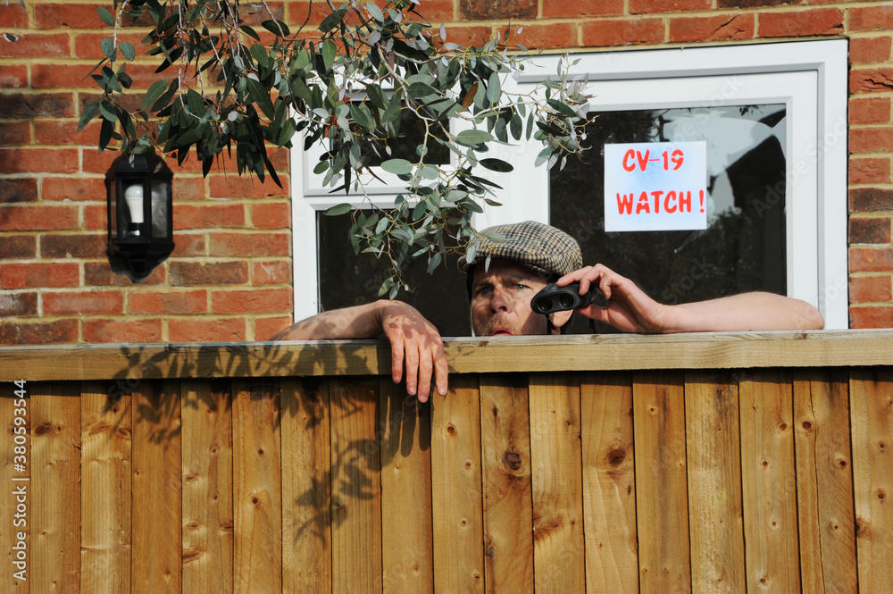 Nosy neighbor peeking over the fence, spying on his neighbours during ...