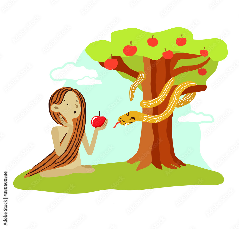 Vector biblical illustration with Eve and the snake in the Garden of Eden. Eve and Satan ...