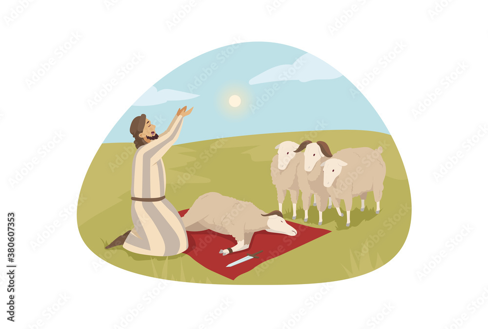 Bible, religion, character, sacrificial offering concept. Young man guy ...