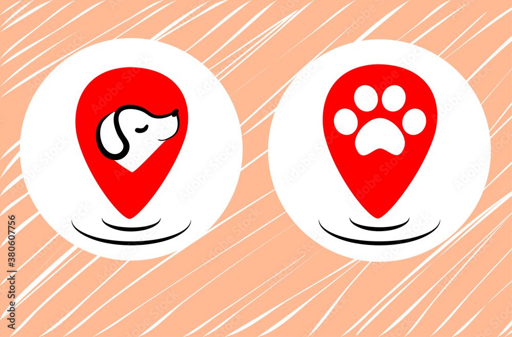 Flat pets gps logo design. Dog map marker vector. Animal walking takes ...