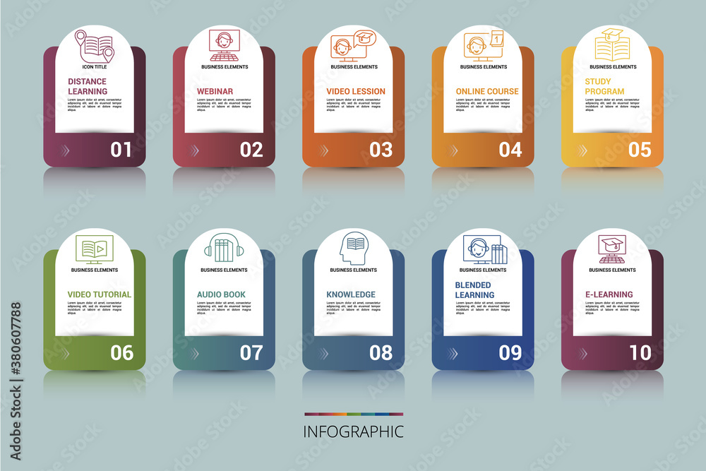 Infographic E-Learning template. Icons in different colors. Include ...