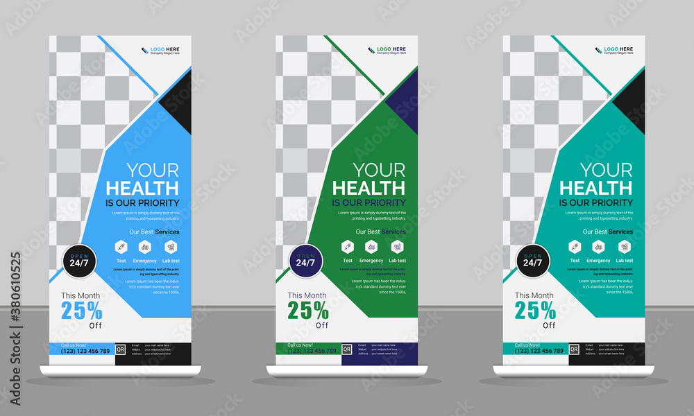 Roll up banner. Medical Health care business Blue Green pharmacy spa ...