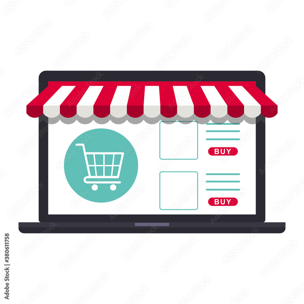 Online shop, web store concept. Laptop computer with awning. Isolated ...