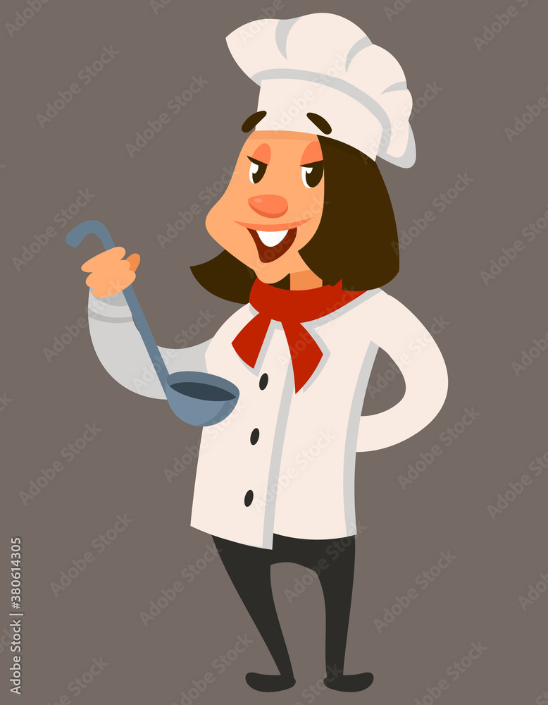 Female chef holding ladle. Smiling character in cartoon style. Stock ...