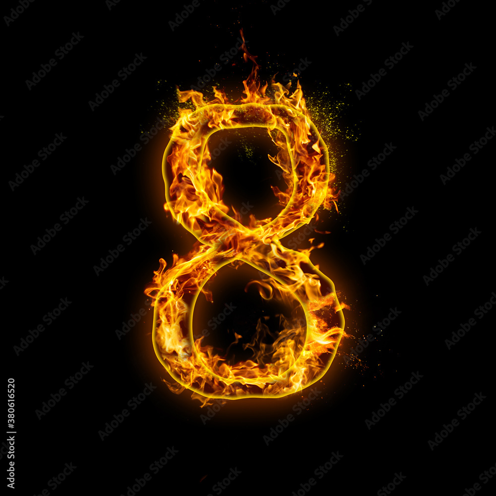 Number 8. Fire flames on black isolated background, realistick fire ...