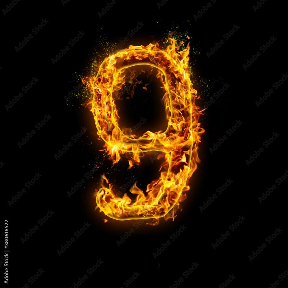 Number 9. Fire flames on black isolated background, realistick fire ...