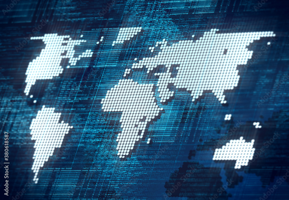 Blue world map wallpaper in schematic digital form with program code ...