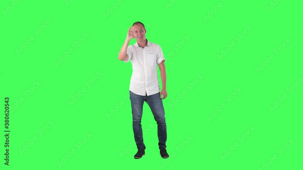 Cheerful young business man waving hand greeting hello. Full body on ...