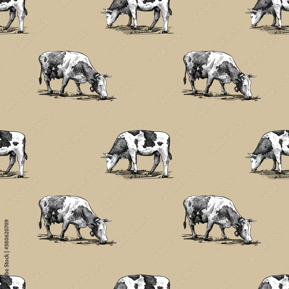 Domestic cows seamless pattern hand drawn in a graphic style. Vintage ...