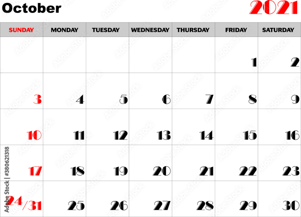 Calendario mes Octubre 2021 en ingles Stock Vector | Adobe Stock