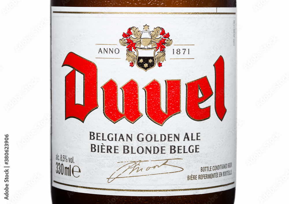 LONDON,UK - MARCH 30, 2017 : Bottle label of Duvel Beer on white. Duvel ...