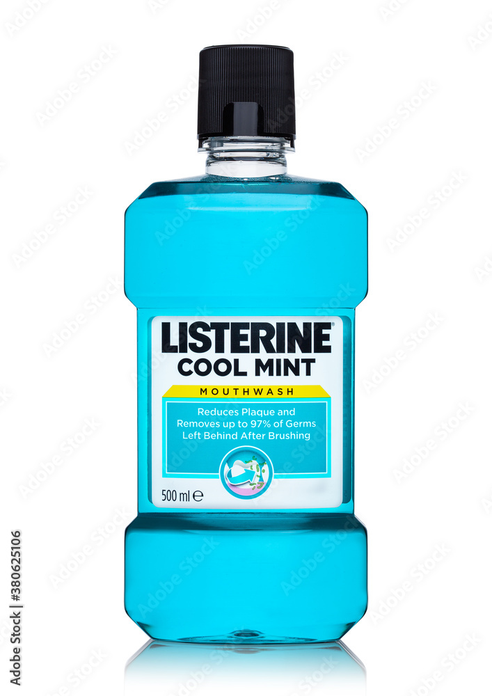 LONDON, UK - JUNE 9, 2017: Listerine mouthwash container on white ...