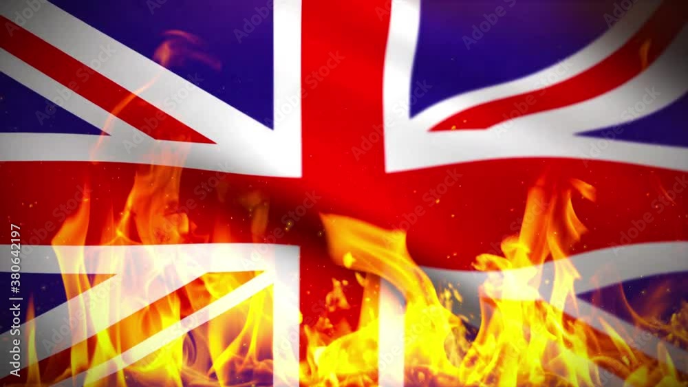 Fire, flames and burning embers in-front of the British Flag. Stock ビデオ ...