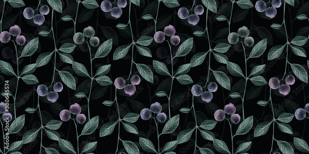 Botanical seamless pattern with vintage graphic blueberries and leaves ...