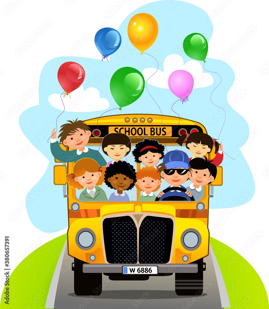 Cartoon School Kids Riding a School Bus Stock Vector | Adobe Stock