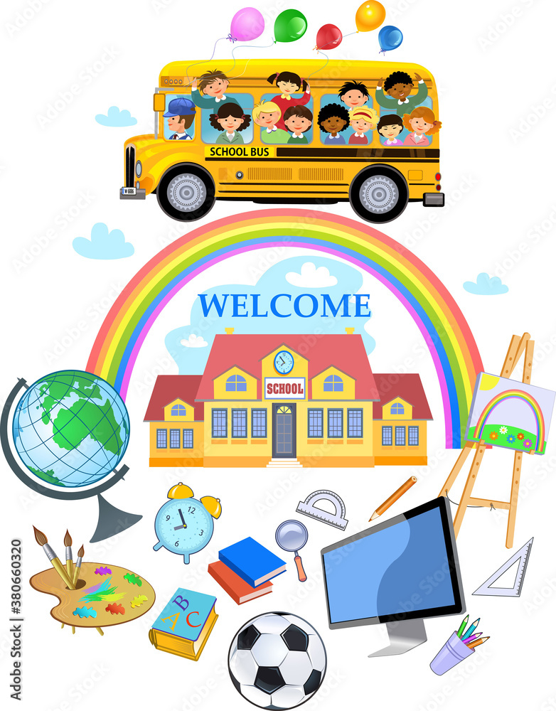 Cartoon of happy school children & Rainbow Stock Vector | Adobe Stock