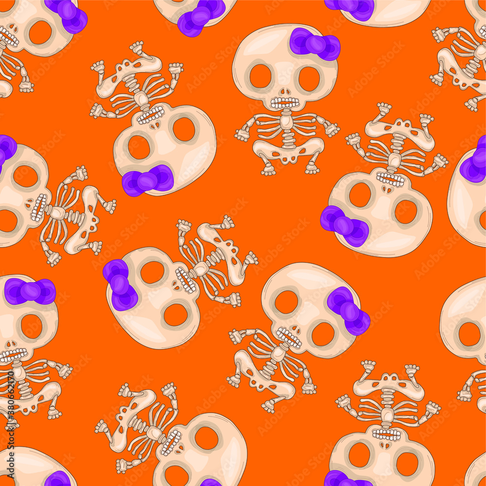 Spooky Halloween skeleton with bow seamless pattern template. Cute ...