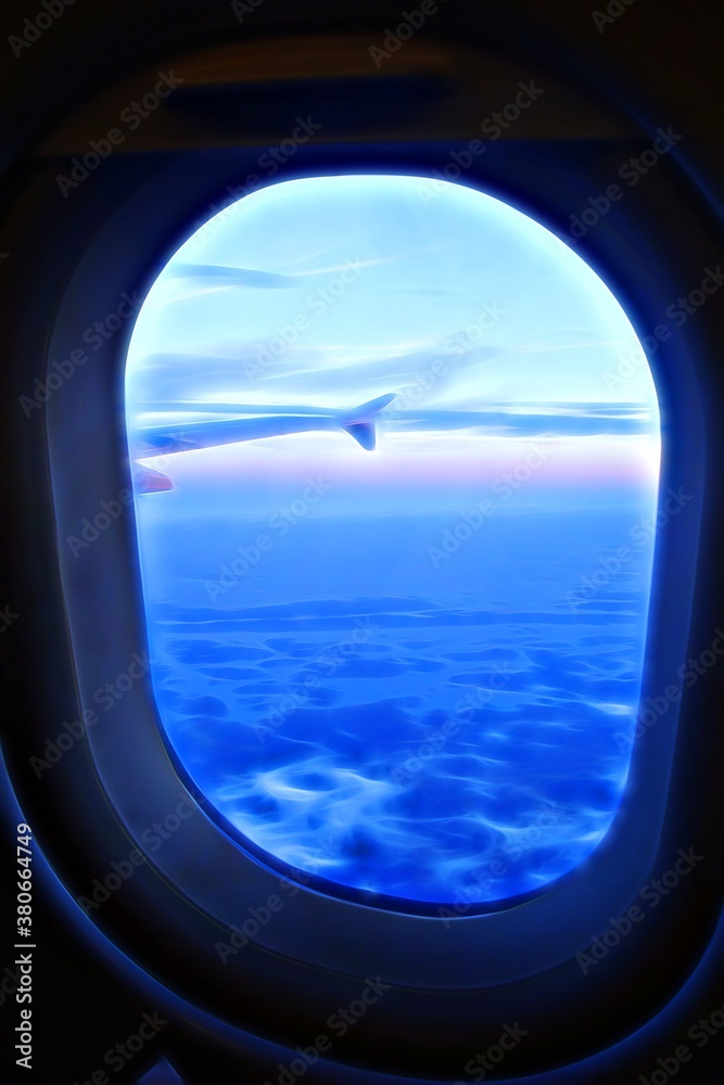 Digital painting style that represents the window of an airplane from ...