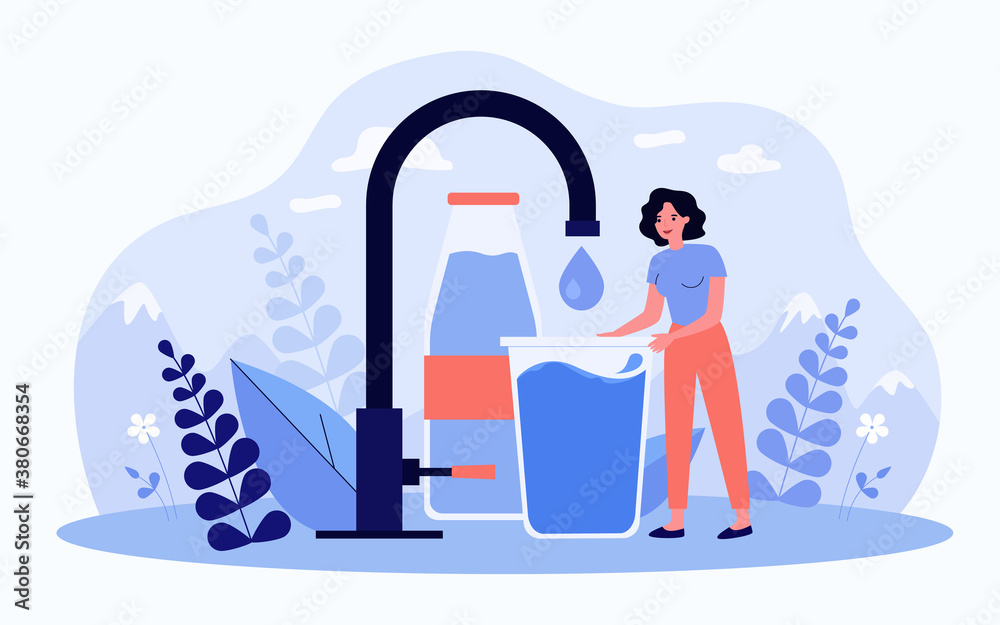 Tiny woman taking pure clean water flat vector illustration. Cartoon ...