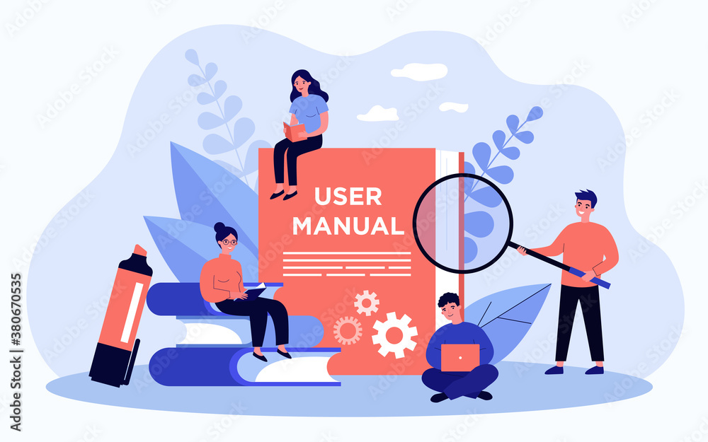 Tiny people reading user manual isolated flat vector illustration ...